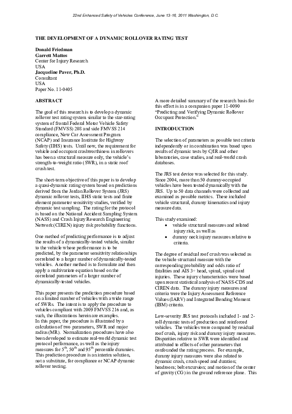 (PDF) Dynamic Rollover Rating Test Development for Vehicle Safety