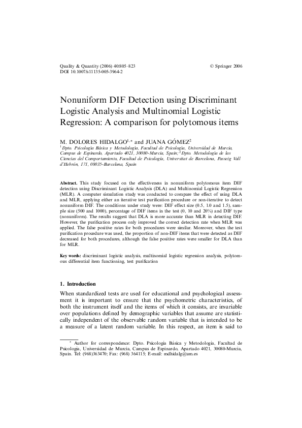 (PDF) Nonuniform DIF Detection using Discriminant Logistic Analysis and Multinomial Logistic ...