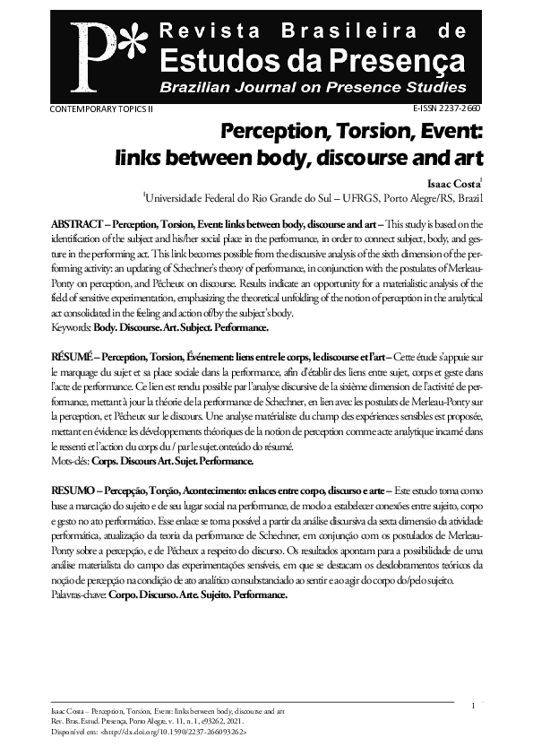 (PDF) Perception, Torsion, Event: links between body, discourse and art