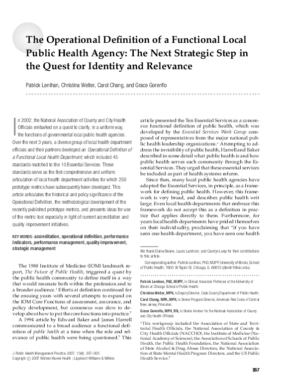 (PDF) The Operational Definition of a Functional Local Public Health Agency