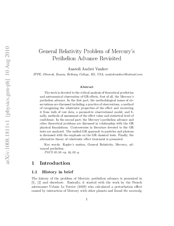 (PDF) 10 General Relativity Problem of Mercury’s Perihelion Advance ...