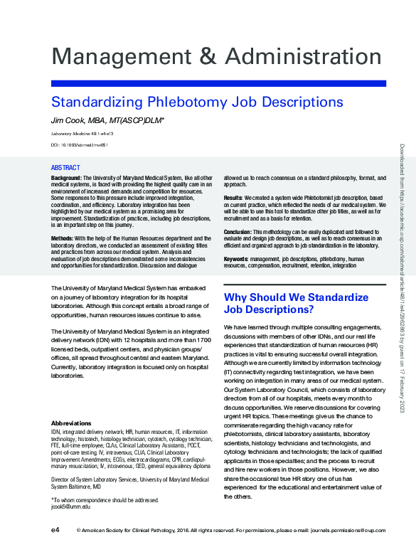 (PDF) Standardizing Phlebotomy Job Descriptions | Jim Cook - Academia.edu