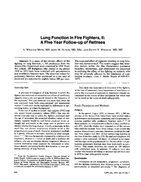 (PDF) Lung function in fire fighters, II: a five year follow-up fo retirees