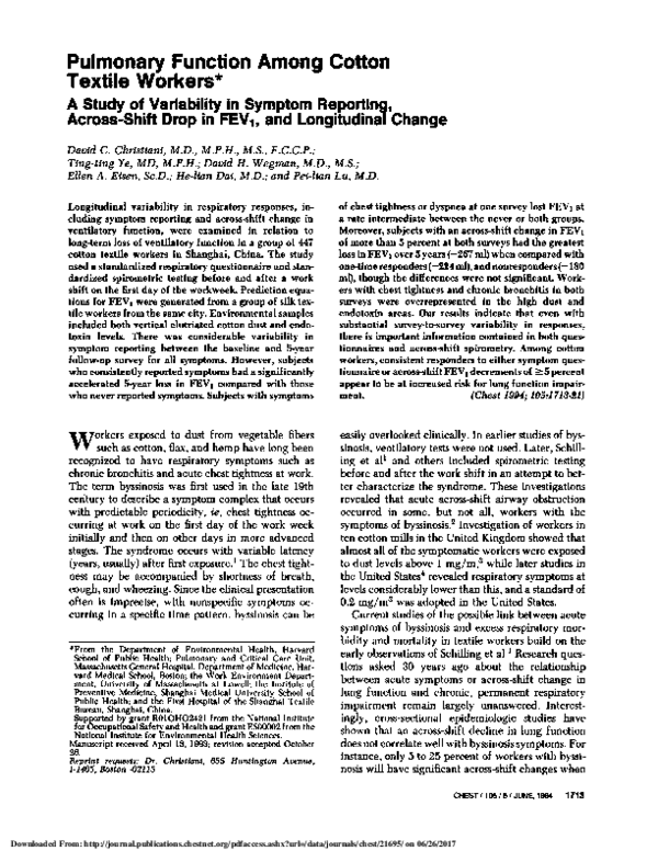 (PDF) Pulmonary Function Among Cotton Textile Workers