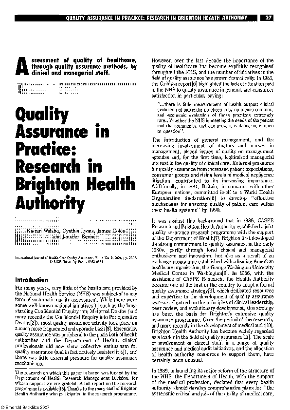 (PDF) Quality Assurance in Practice: Research in Brighton Health Authority