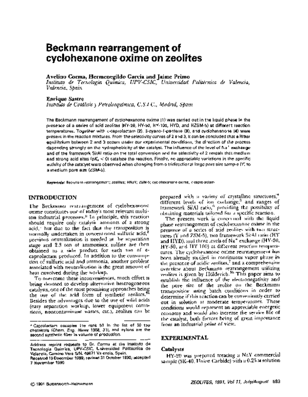 (PDF) Beckmann rearrangement of cyclohexanone oxime on zeolites