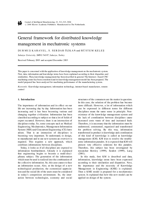 Pdf General Framework For Distributed Knowledge Management In Mechatronic Systems Durmus