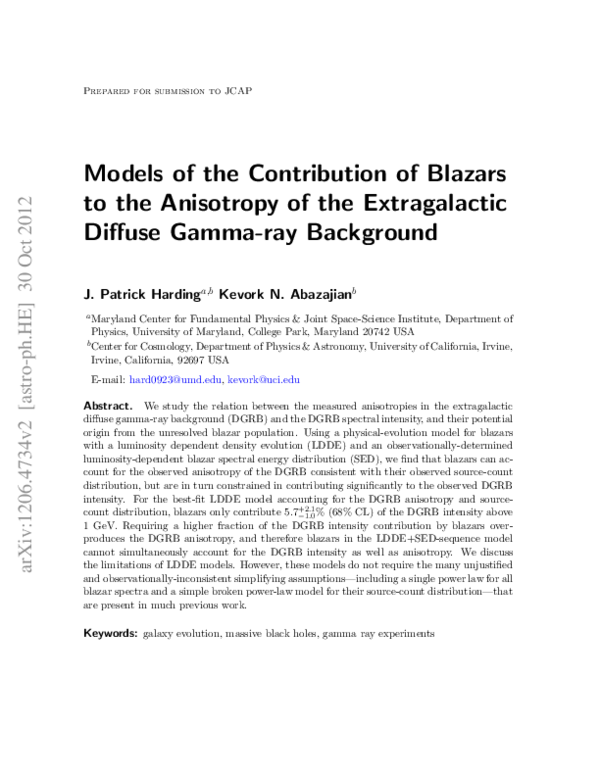 (PDF) Models of the contribution of blazars to the anisotropy of the ...