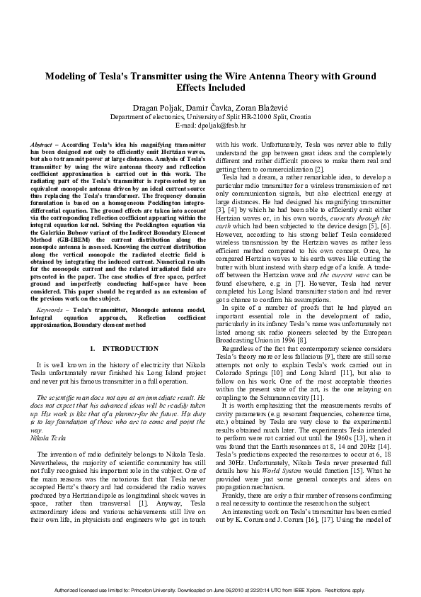 (PDF) Modeling of Tesla’s transmitter using the wire antenna theory ...