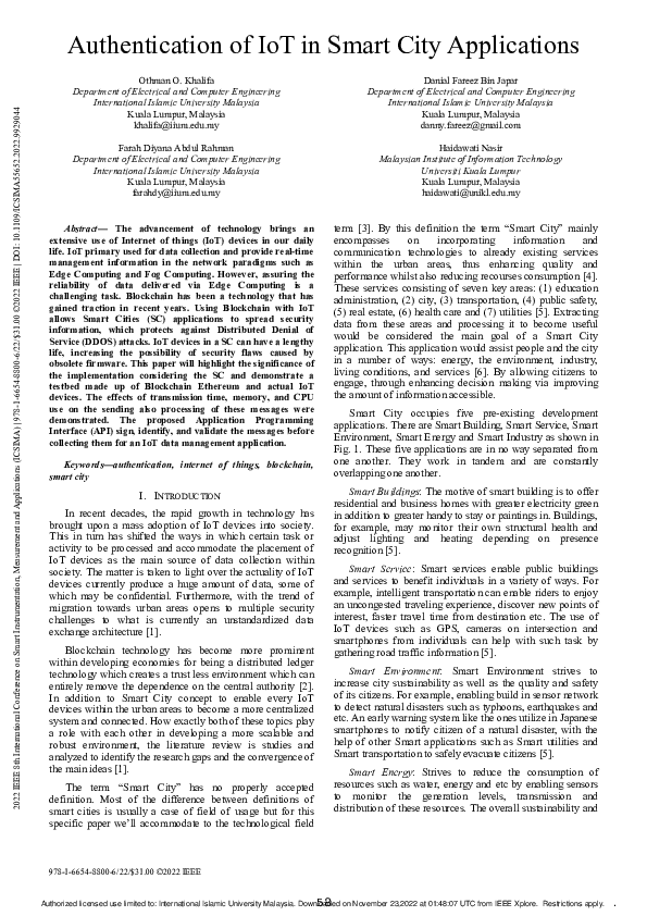 (PDF) Blockchain-based IoT Authentication in Smart Cities