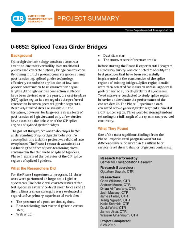 (PDF) 0-6652 : spliced Texas girder bridges