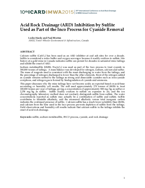 (PDF) Acid Rock Drainage ( ARD ) Inhibition by Sulfite Used as Part of ...