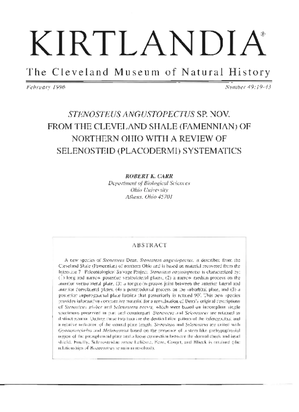 (PDF) STENOSTEUS ANGUSTOPECTUS SP. NOV. FROM THE CLEVELAND SHALE ...