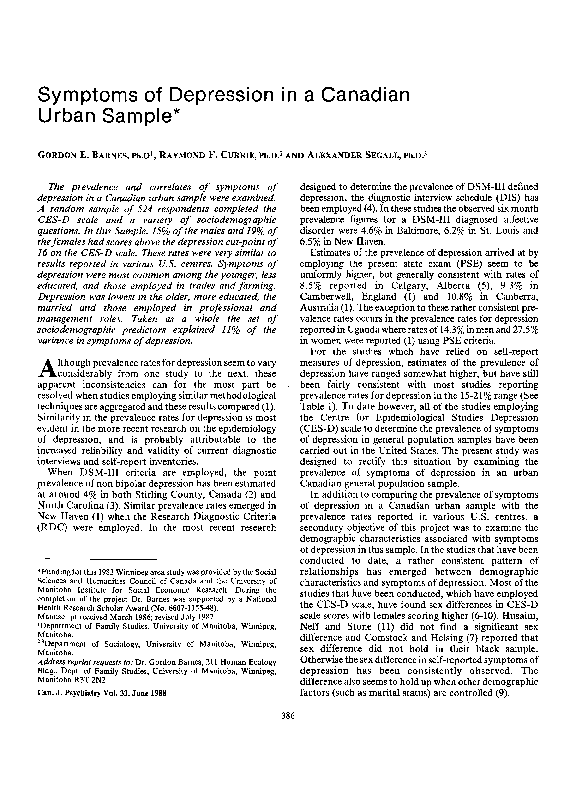 (PDF) Symptoms of Depression in a Canadian Urban Sample
