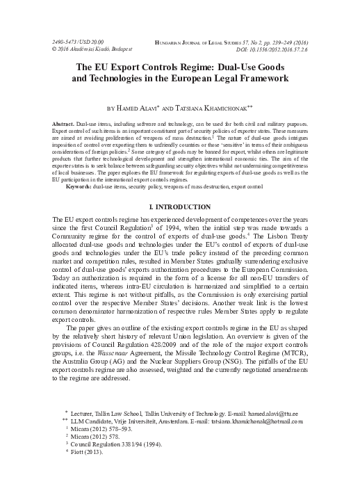 (PDF) The EU export controls regime: Dual-use goods and technologies in ...