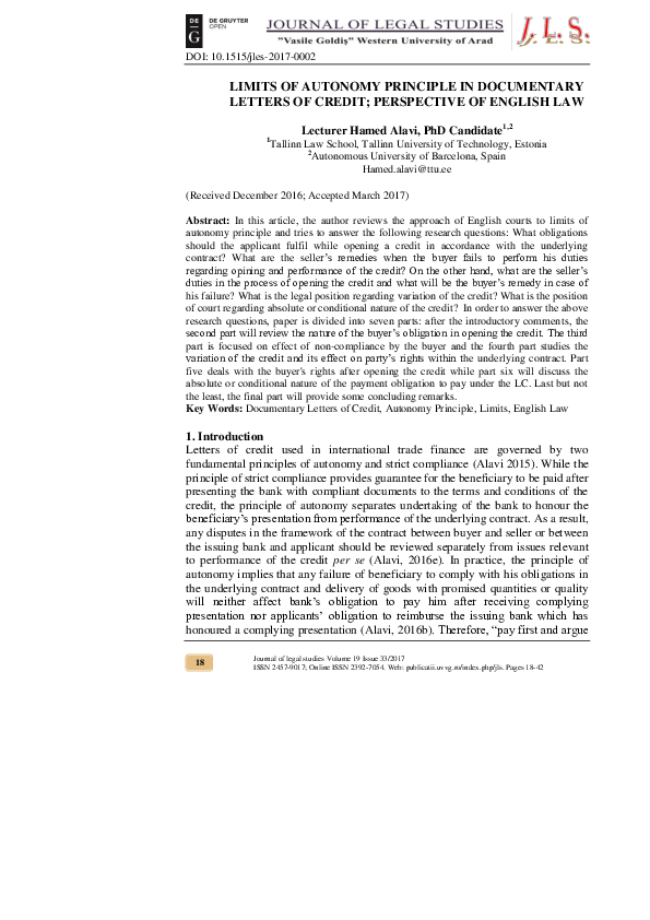 (PDF) Limits of Autonomy Principle in Documentary Letters of Credit ...