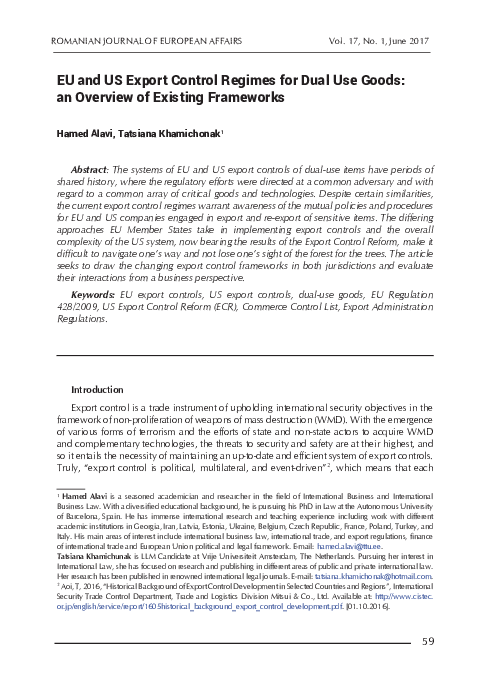 Pdf Eu And Us Export Control Regimes For Dual Use Goods An Overview