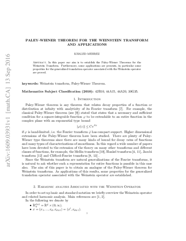 (PDF) Paley–Wiener theorem for the Weinstein transform and applications