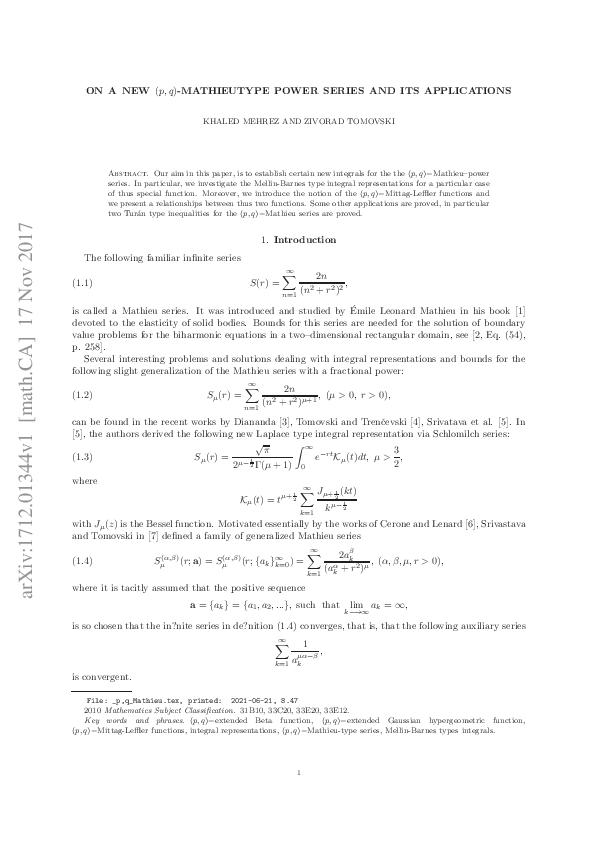 (PDF) On a new (p,q)-Mathieu-type power series and its applications