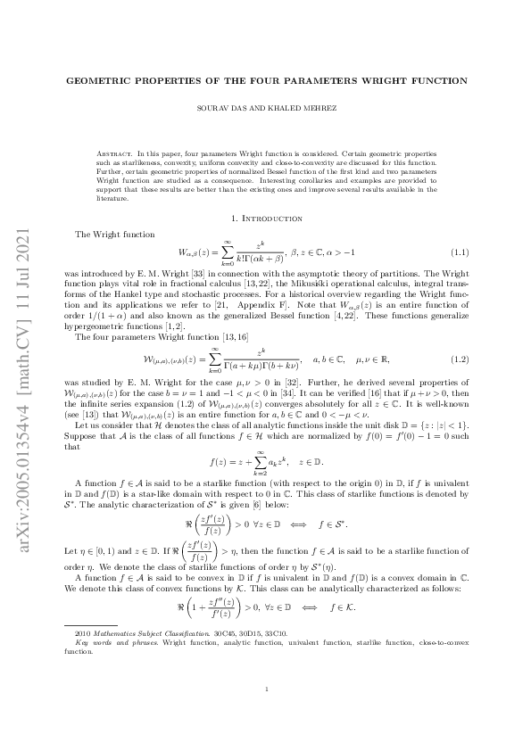 (PDF) Geometric Properties Of The Four Parameters Wright Function