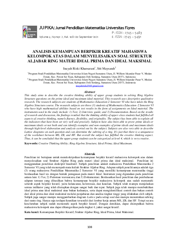(PDF) Analisis Kemampuan Berpikir Kreatif Mahasiswa Kelompok Atas Dalam Menyelesaikan Soal ...