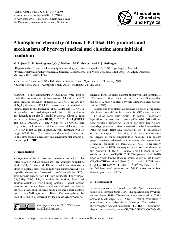(PDF) Atmospheric chemistry of trans-CF 3 CH=CHF: products and ...