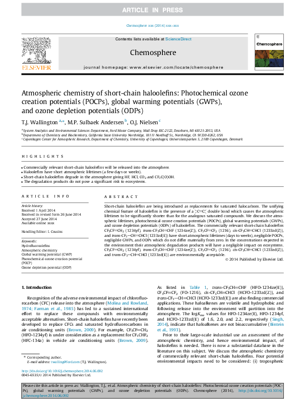 (PDF) Atmospheric chemistry of short-chain haloolefins: Photochemical ...