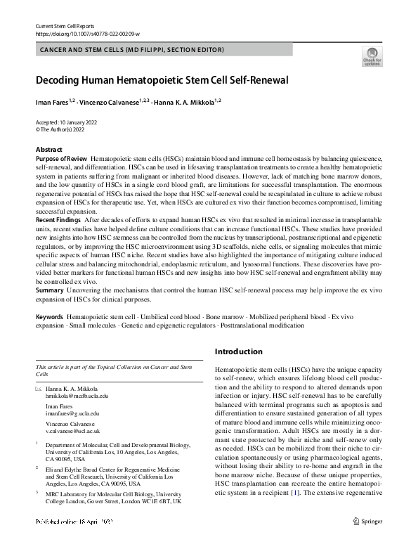 (PDF) Decoding Human Hematopoietic Stem Cell Self-Renewal