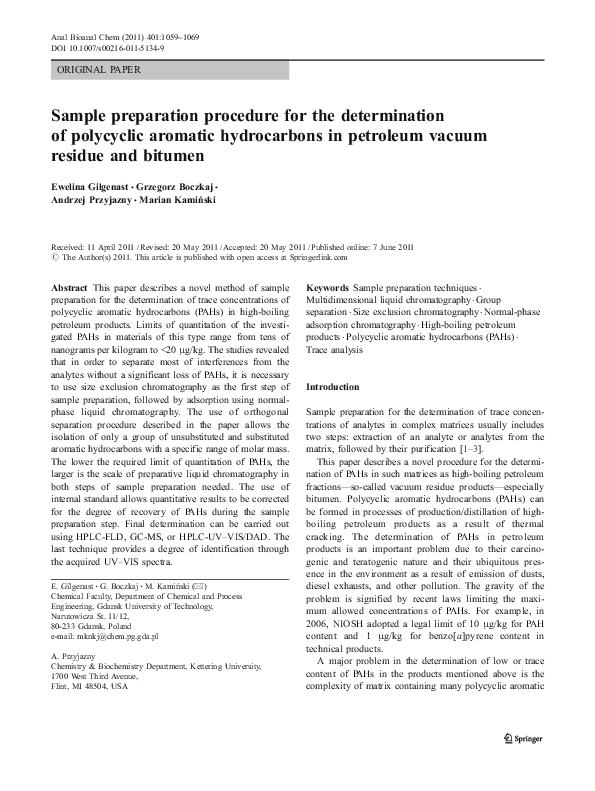 (PDF) Sample preparation procedure for the determination of polycyclic aromatic hydrocarbons in ...