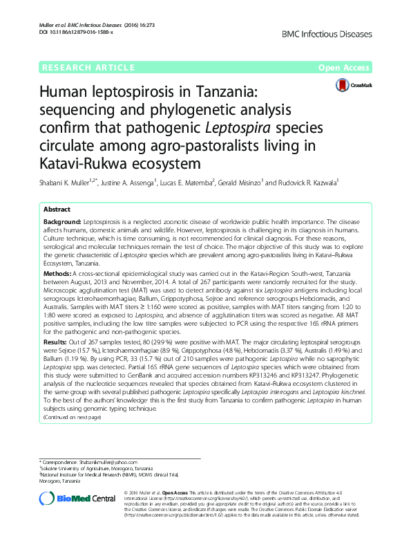 (PDF) Human leptospirosis in Tanzania: sequencing and phylogenetic ...