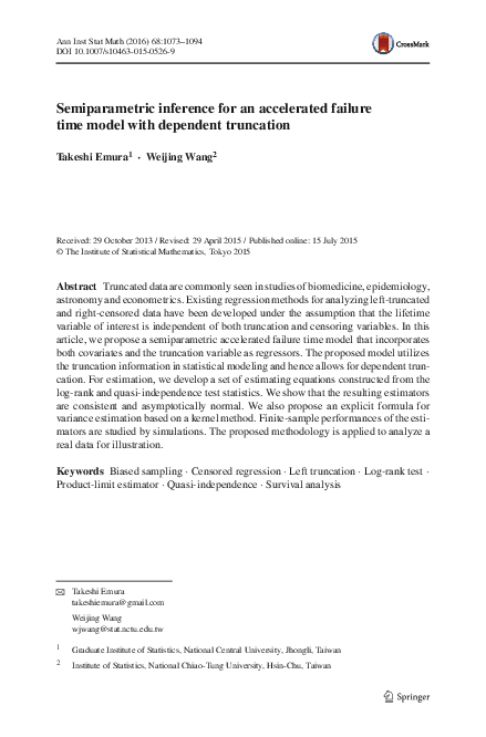 (PDF) Semiparametric inference for an accelerated failure time model with dependent truncation