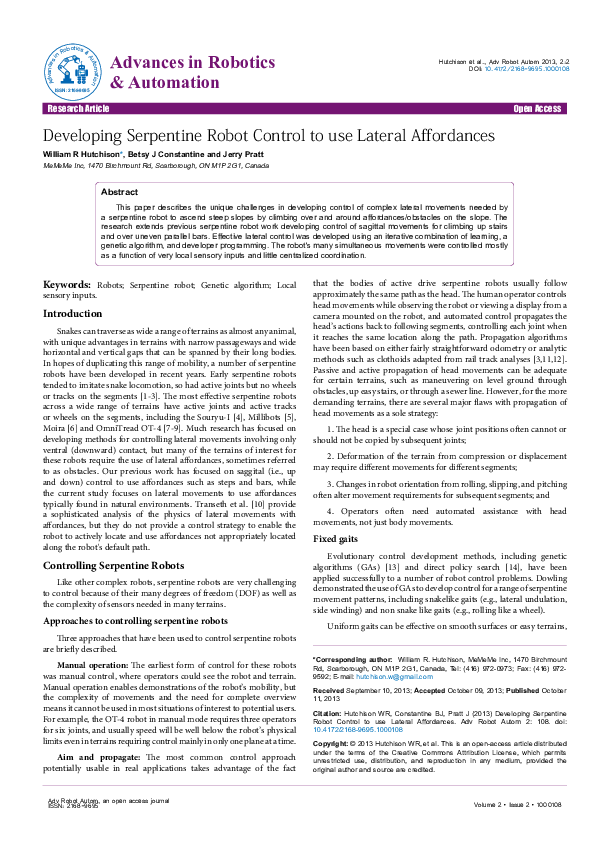 (PDF) Developing Serpentine Robot Control to use Lateral Affordances