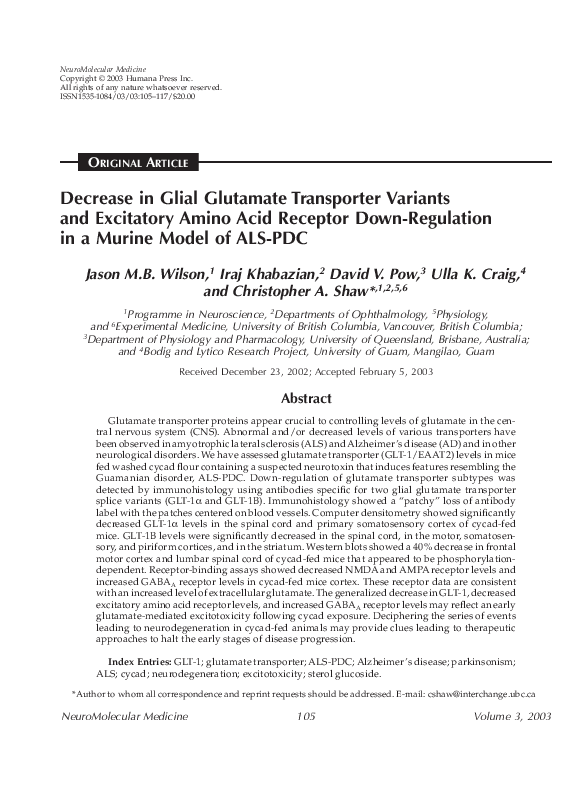 (PDF) Decrease in Glial Glutamate Transporter Variants and Excitatory ...
