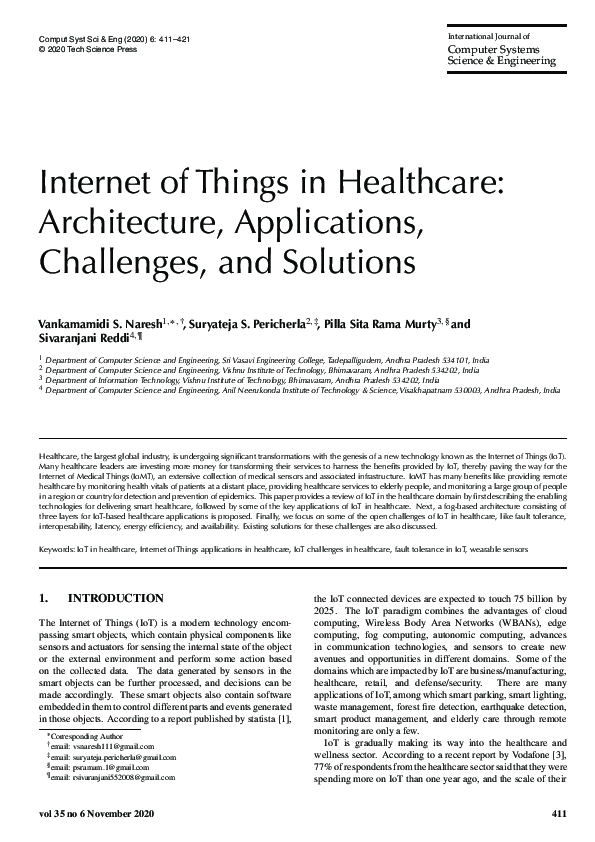 (PDF) Internet of Things in Healthcare: Architecture, Applications, Challenges, and Solutions