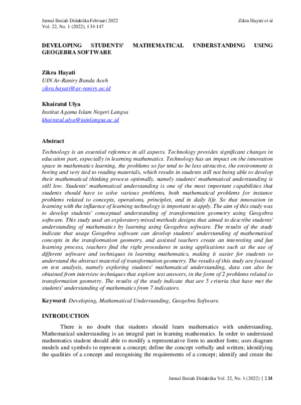 (PDF) Developing Students’ Mathematical Understanding Using Geogebra Software