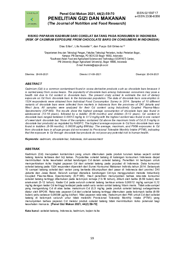 (PDF) Risiko Paparan Kadmium Dari Cokelat Batang Pada Konsumen DI Indonesia