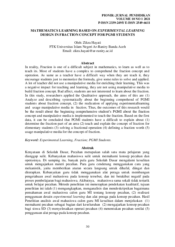 (PDF) Mathematics Learning Based on Experimental Learning Design in Fraction Concept for Pgmi ...