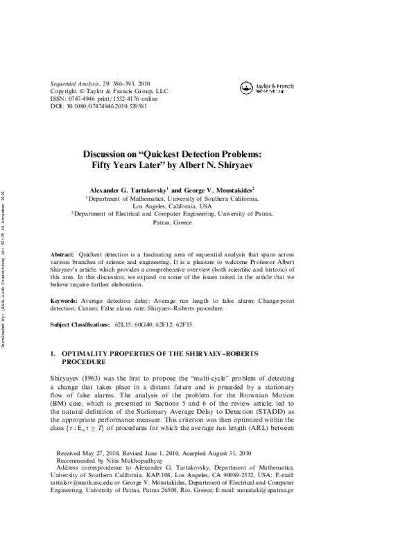 (PDF) Discussion on “Quickest Detection Problems: Fifty Years Later” by Albert N. Shiryaev ...