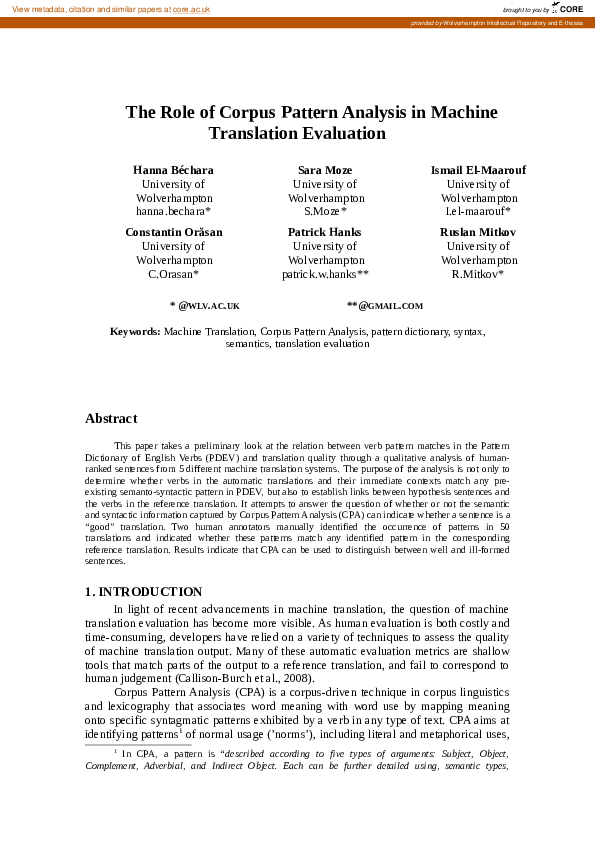 (PDF) The Role of Corpus Pattern Analysis in Machine Translation Evaluation