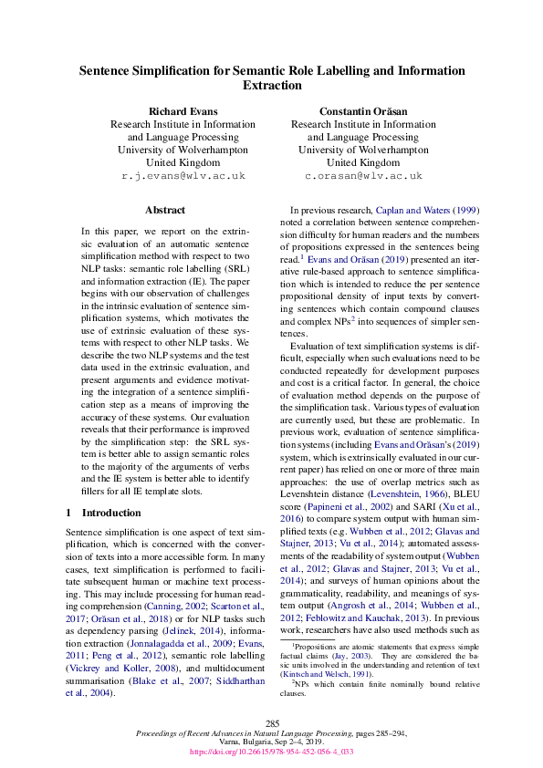 (PDF) Sentence Simplification for Semantic Role Labelling and Information Extraction