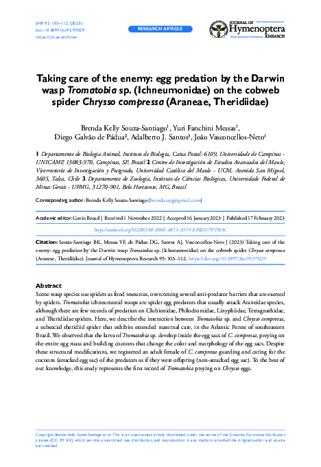 (PDF) Taking care of the enemy: egg predation by the Darwin wasp ...