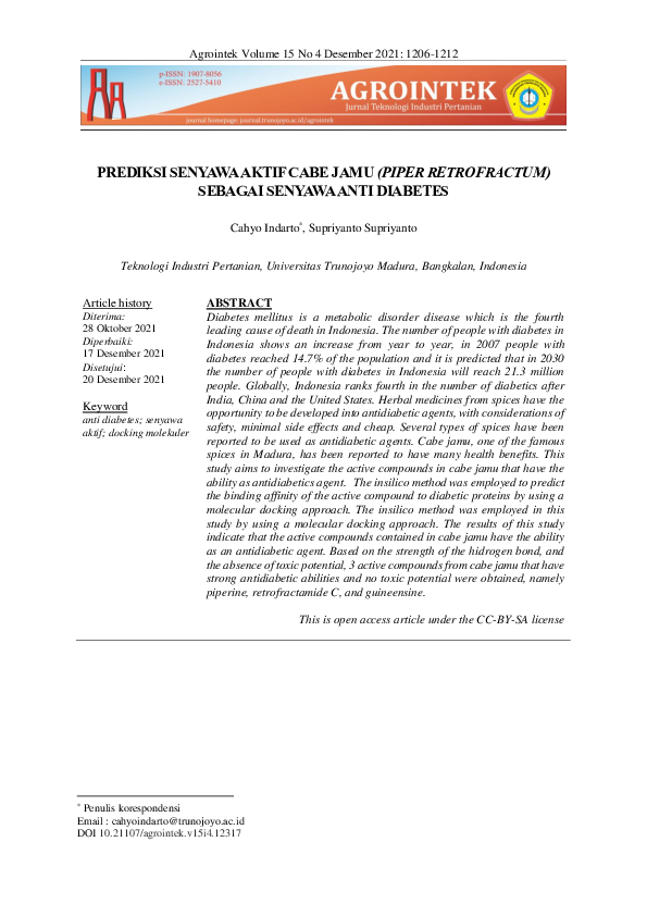 (PDF) Active Compounds Prediction of Cabe Jamu (Piper Retrofractum) as ...