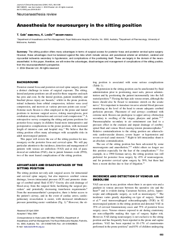(PDF) Anaesthesia for neurosurgery in the sitting position