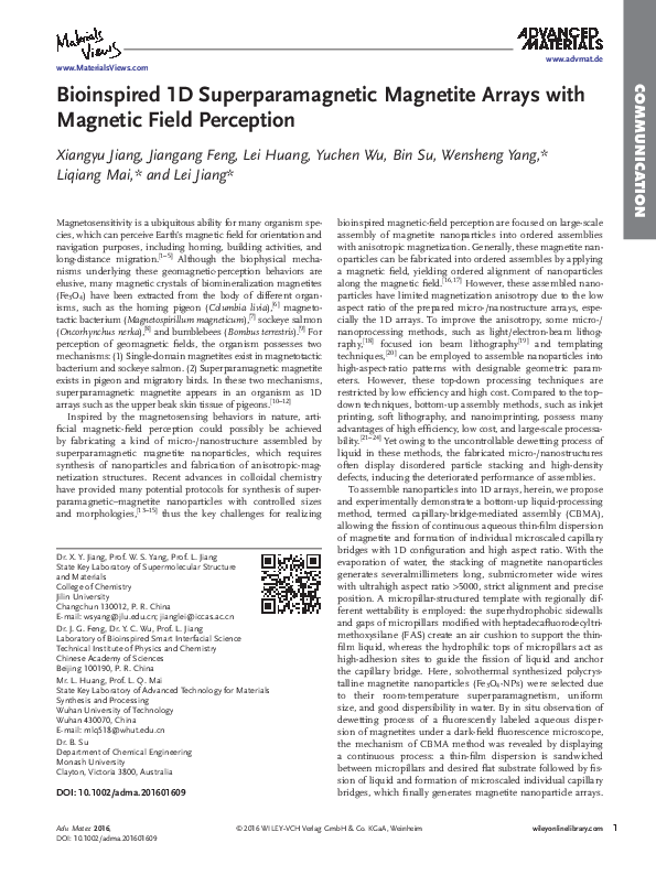 (PDF) Bioinspired 1D Superparamagnetic Magnetite Arrays with Magnetic Field Perception