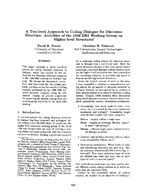 Pdf A Two Level Approach To Coding Dialogue For Discourse Structure Activities Of The 1998