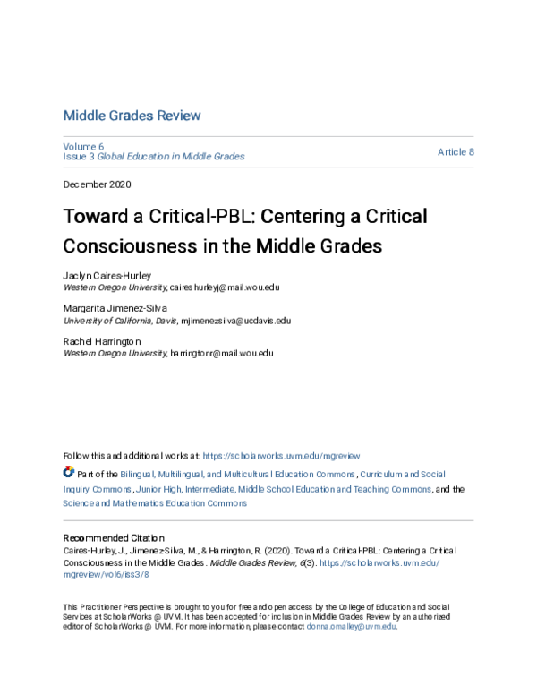 (PDF) Toward a Critical-PBL: Centering a Critical Consciousness in the Middle Grades