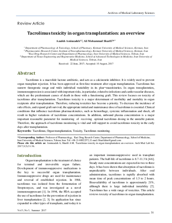 (PDF) Tacrolimus toxicity in organ transplantation: an overview