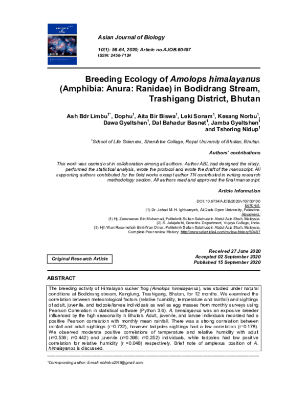 (PDF) Breeding Ecology of Amolops himalayanus (Amphibia: Anura: Ranidae ...