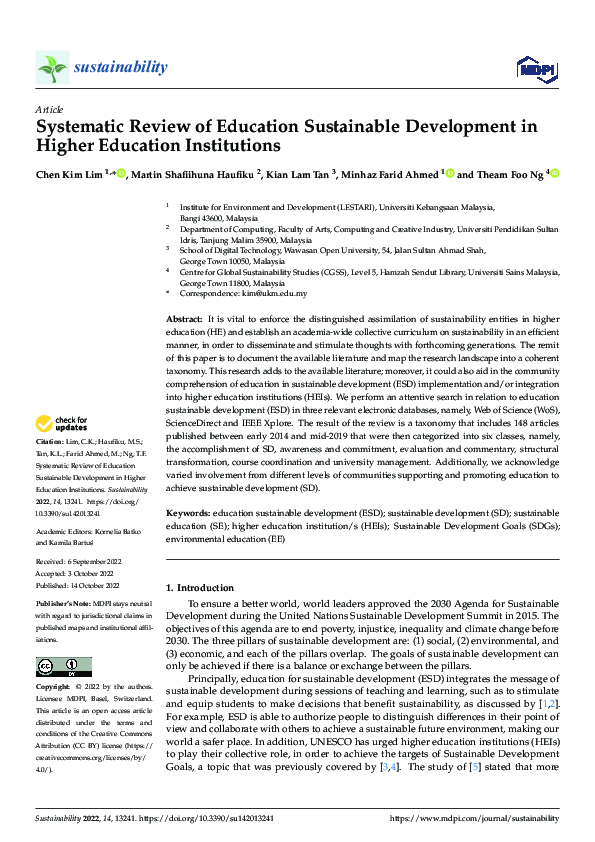 (PDF) Systematic Review of Education Sustainable Development in Higher Education Institutions