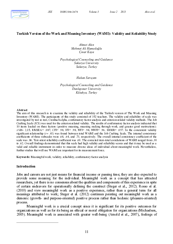(PDF) Turkish Version of the Work and Meaning Inventory (WAMI): Validity and Reliability Study